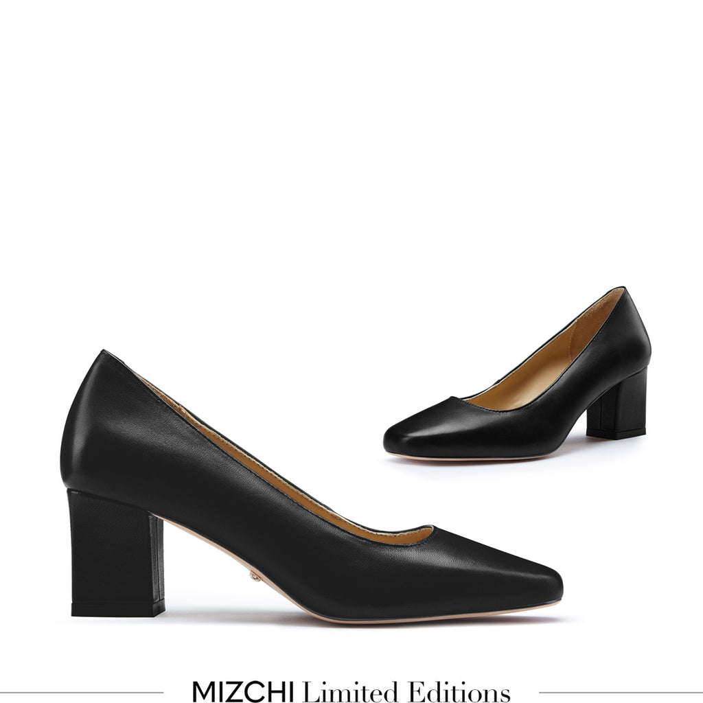 Petite Size Black Leather Chunky Heel Pumps MIZCHI Pretty Small Shoes