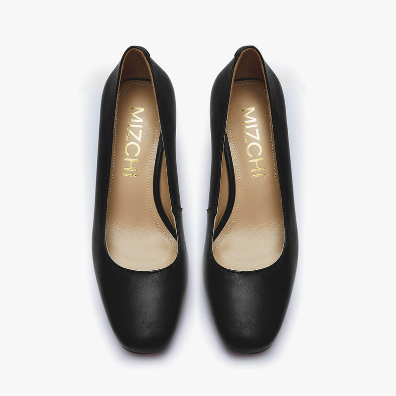 Petite Size Black Leather Chunky Heel Pumps MIZCHI Pretty Small Shoes